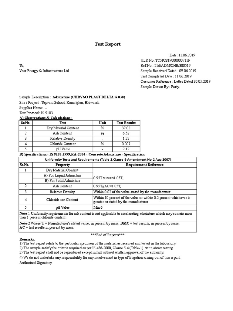 Admixture Report - CCRT LIMS | PDF | Concrete | Nature