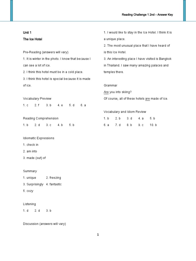 Reading Challenge 1 - 2nd - Answer Key PDF | PDF