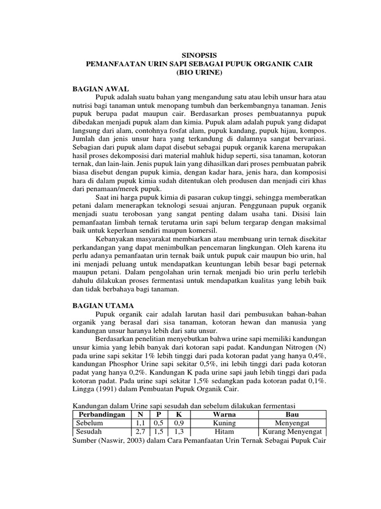 Sinopsis Pemanfaatan Urin Sapi Sebagai Pupuk Organik Cair (Bio Urine) | PDF