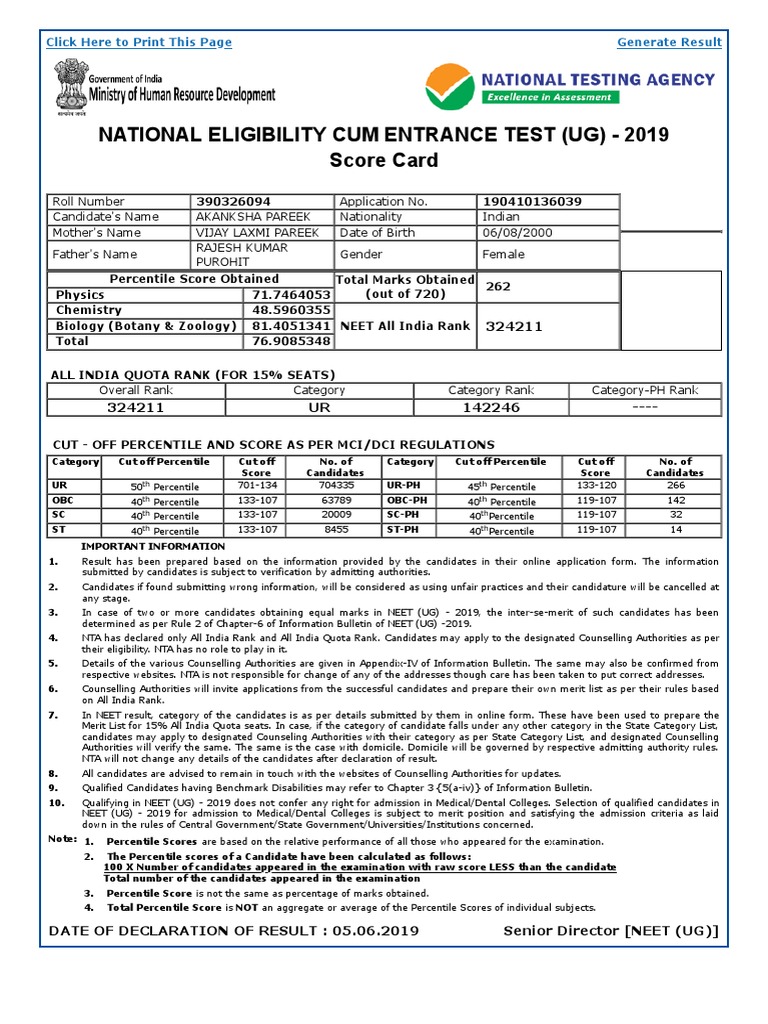National Eligibility Cum Entrance Test (Ug) - 2019 Score Card | PDF ...