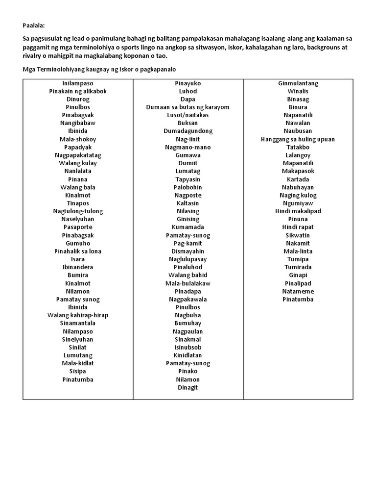 Sports Lingo - Tagalog | PDF