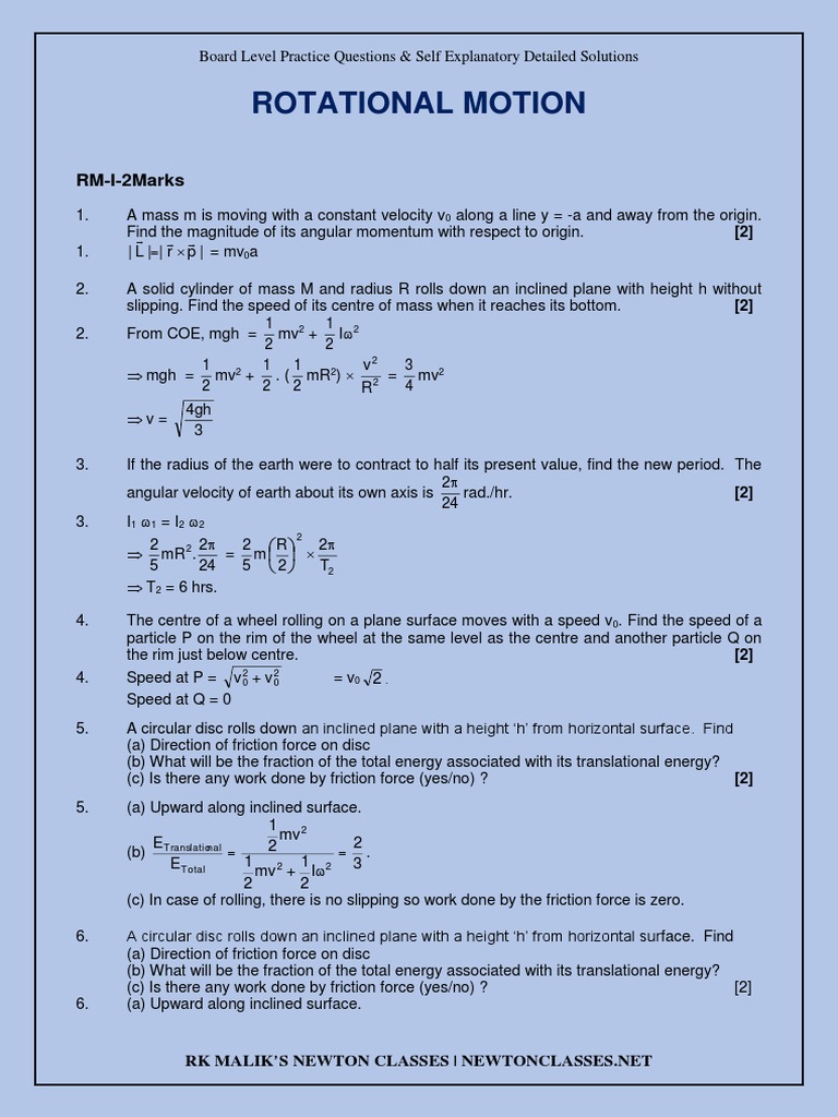Rotational Motion (Practice Questions) | PDF | Rotation Around A Fixed ...