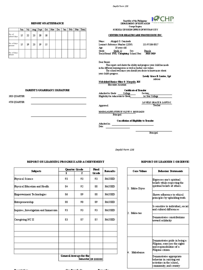 Report On Attendance: Deped Form 138 | PDF | Behavioural Sciences | Cognition