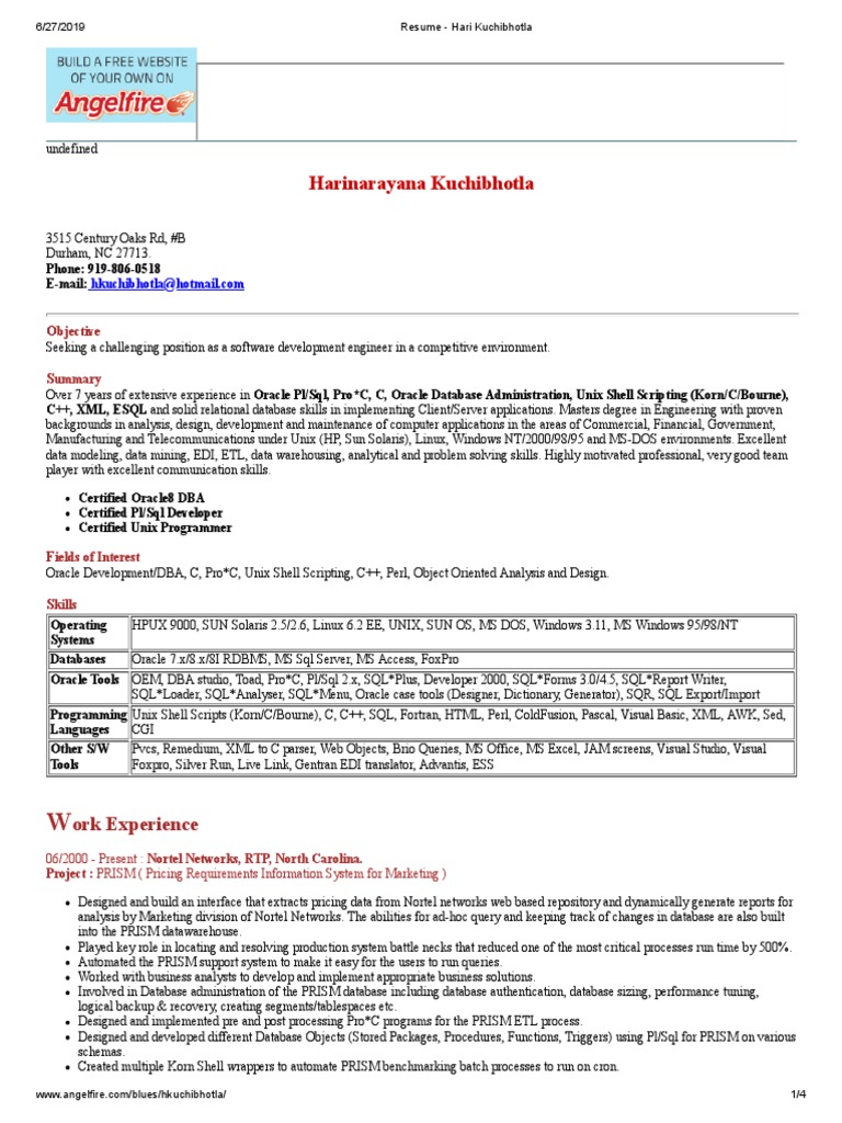 Resume - Hari Kuchibhotla | PDF | Oracle Database | Scripting Language
