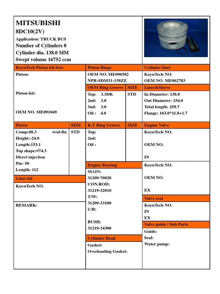 اطلاعات موتور Mitsubishi 8dc10 | PDF | Cylinder (Engine) | Piston