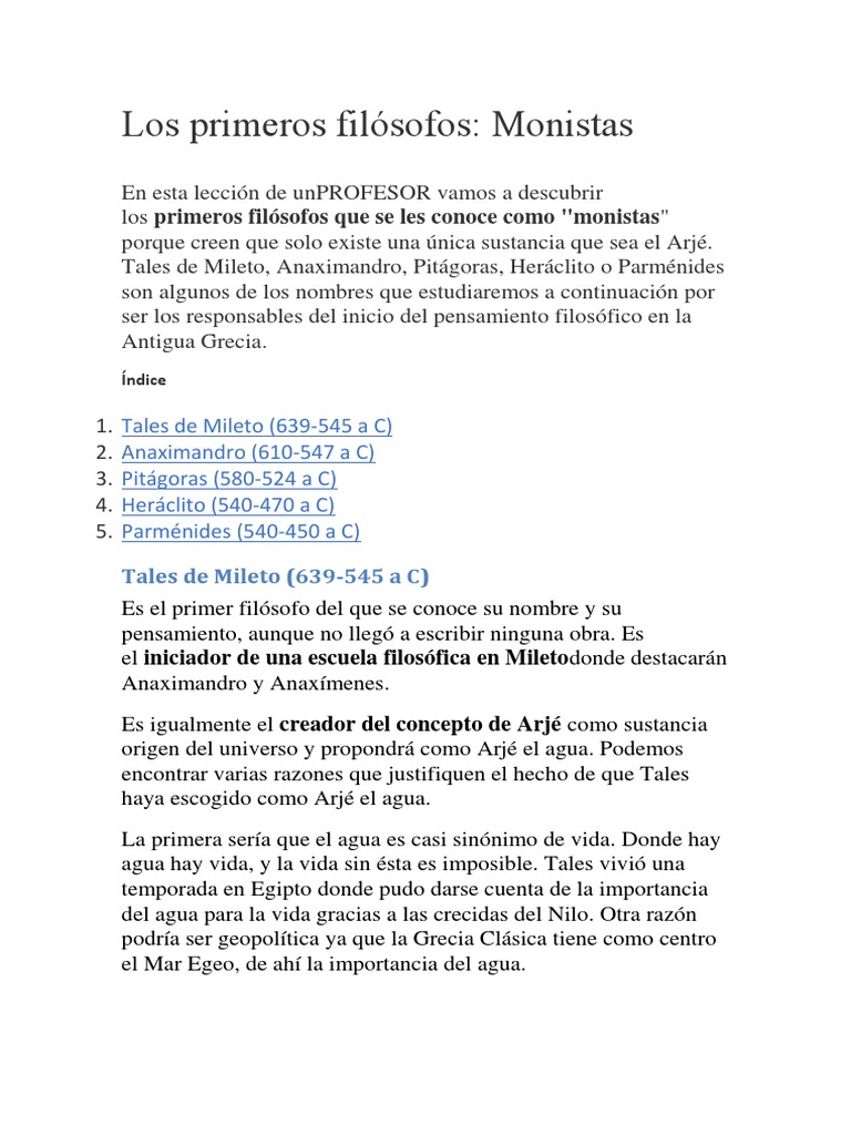 Los Primeros Filósofos Monistas | PDF | Existencia | Filosofía