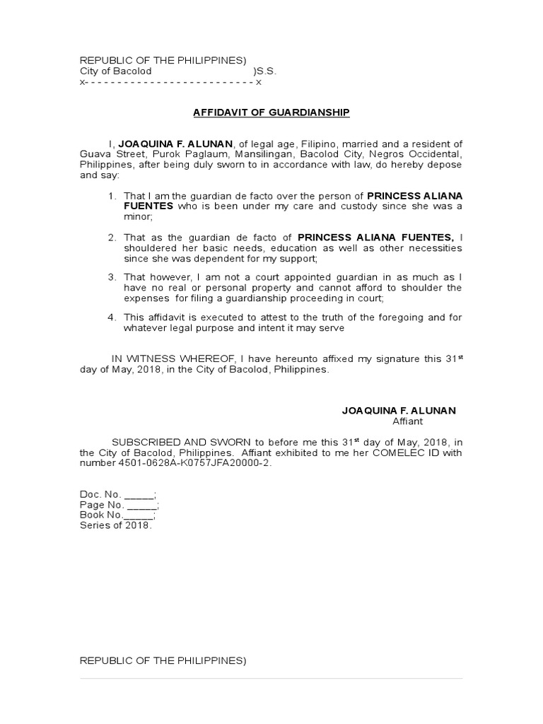 Affidavit of Guardianship | PDF | Affidavit | Legal Guardian