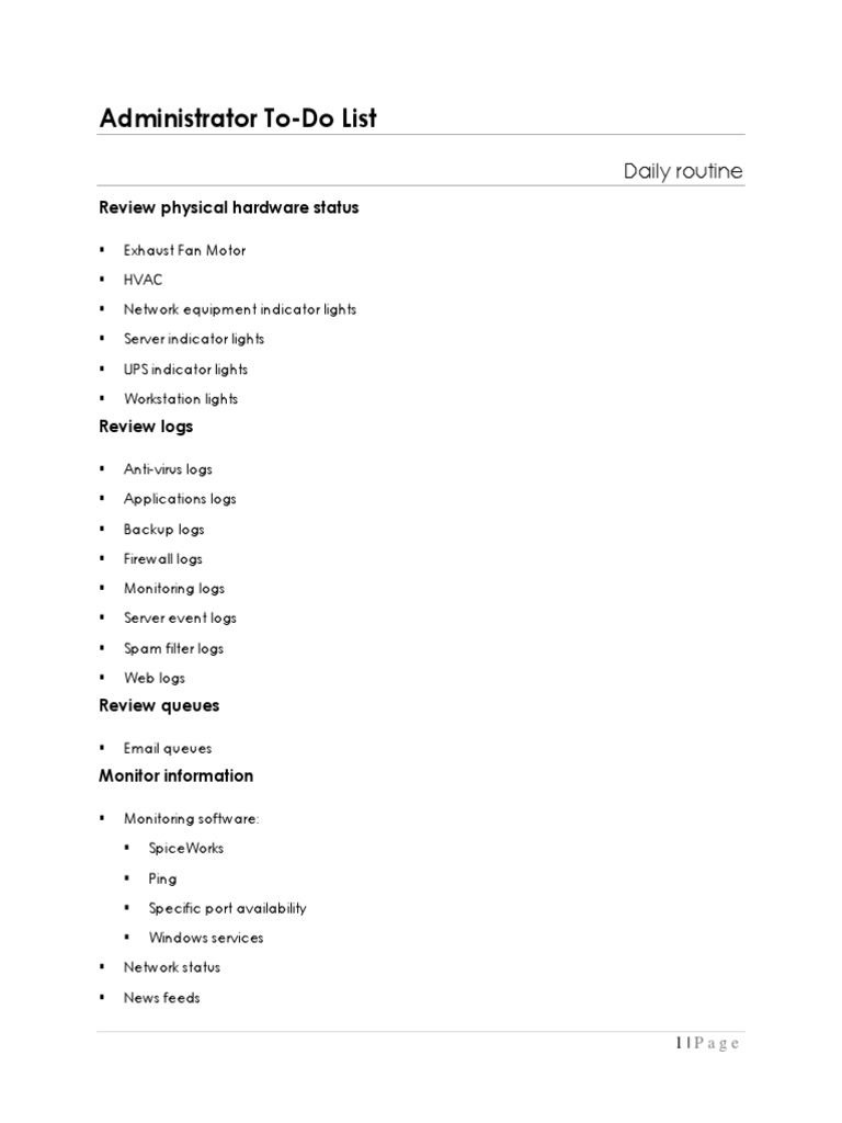 System Administrator Daily Checklist | PDF | Backup | Antivirus Software