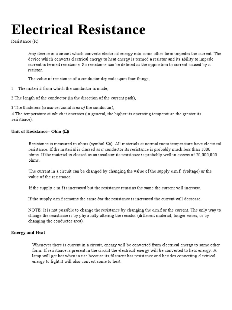 Electrical Resistance: Unit of Resistance - Ohm ( ) | PDF | Electrical ...