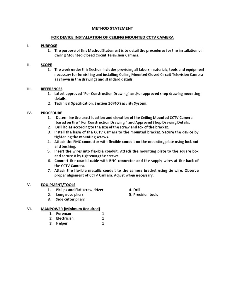 Method Statement For Ceiling Mounted CCTV | PDF