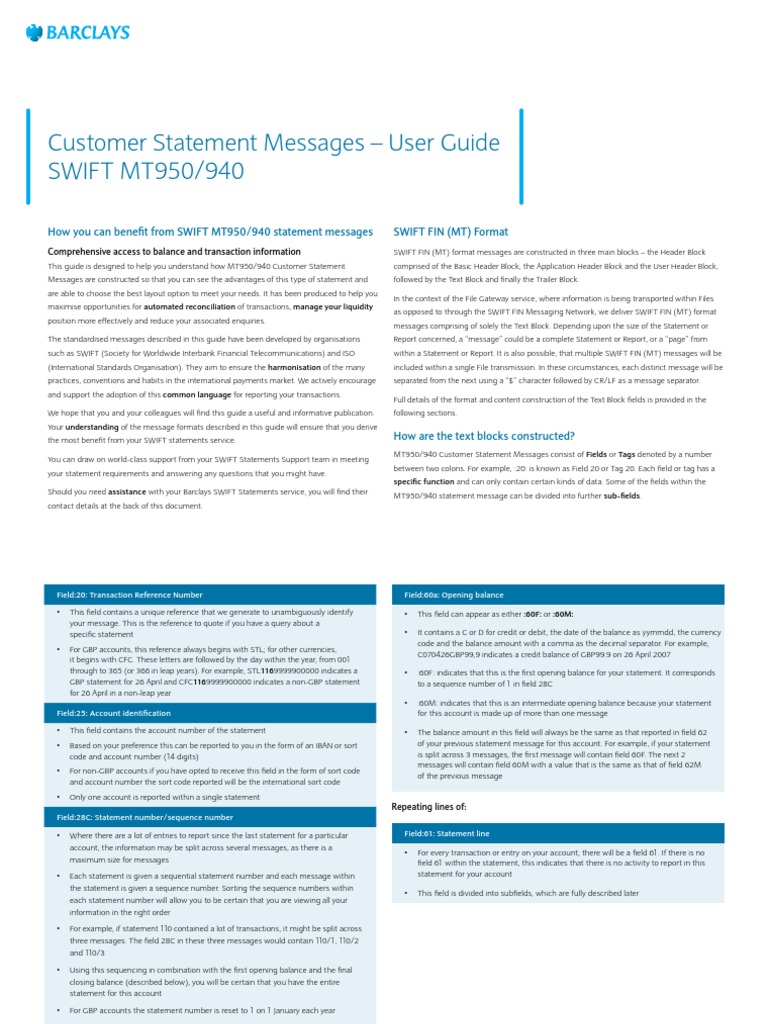 Swift MT940 and MT950 Statements Customer Service Guide | PDF | Debits ...