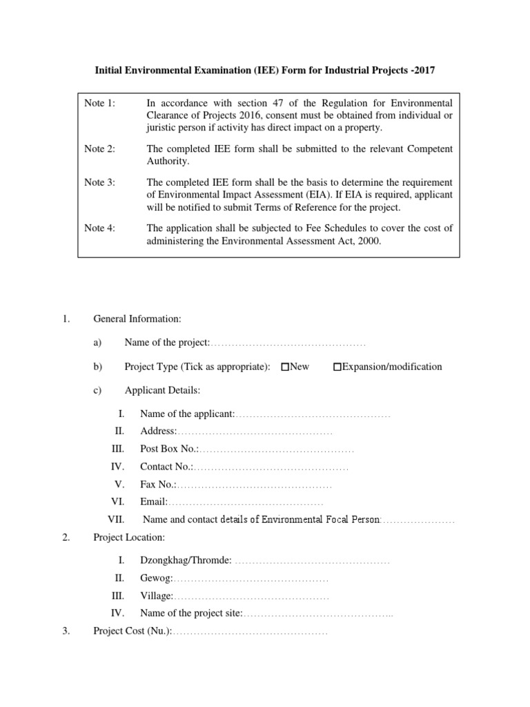 Initial Environmental Examination (IEE) Form For Industrial Projects ...