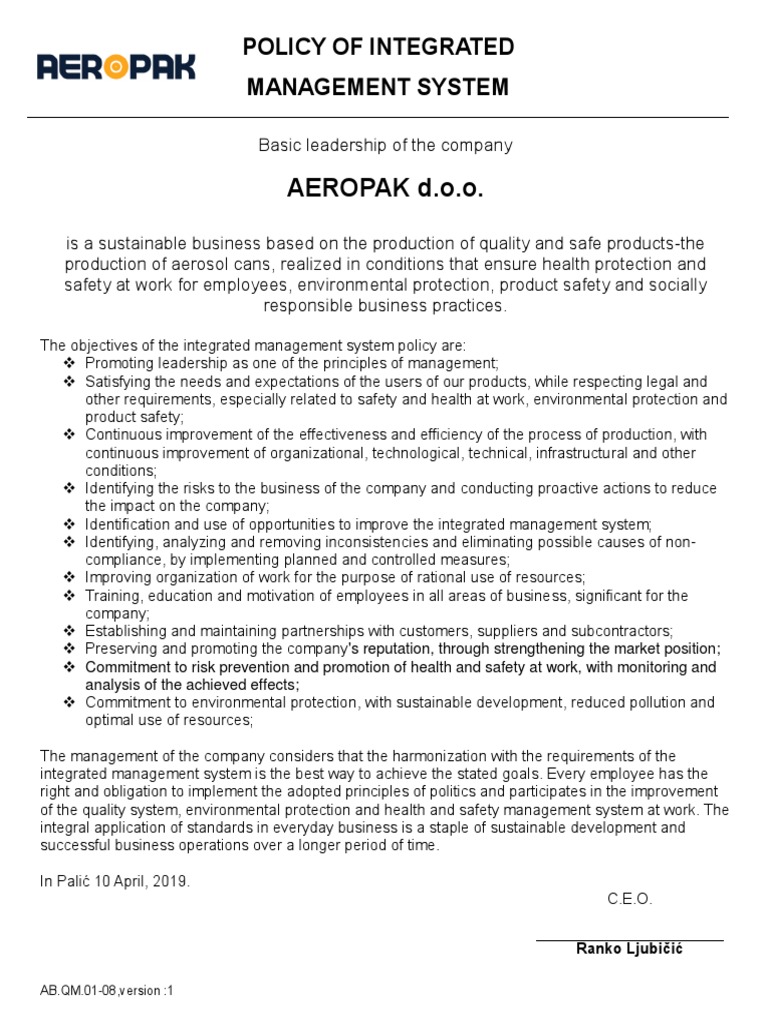 Policy of Integrated Management System | PDF | Safety | Sustainability