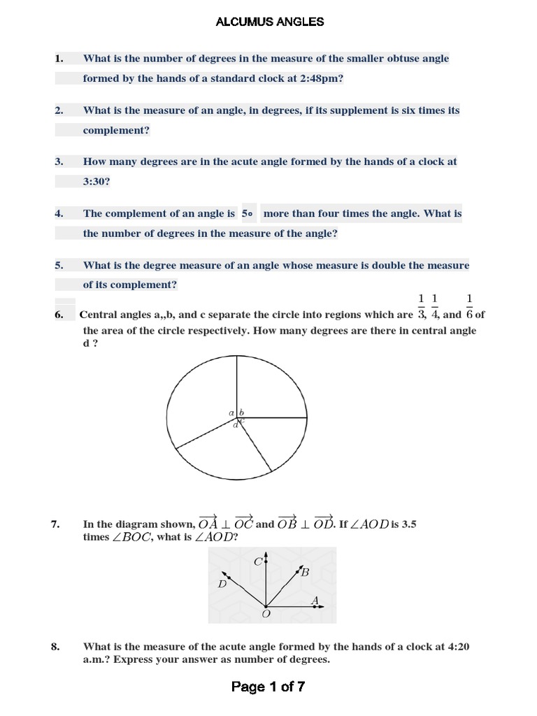 Angles Formed by Clock Hands and Other Geometric Angle Problems | PDF ...