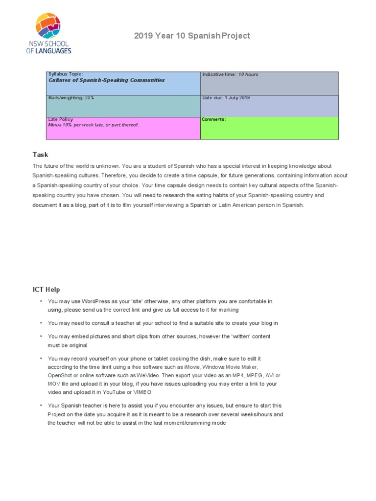 Year 10 Spanish Cultural Project Guide | PDF | Communication