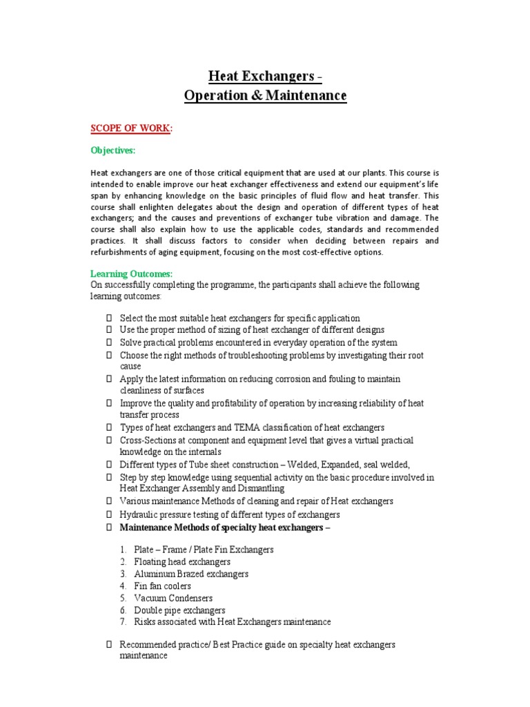 Heat Exchangers Operation Maintenance Scope Of Work Pdf Heat