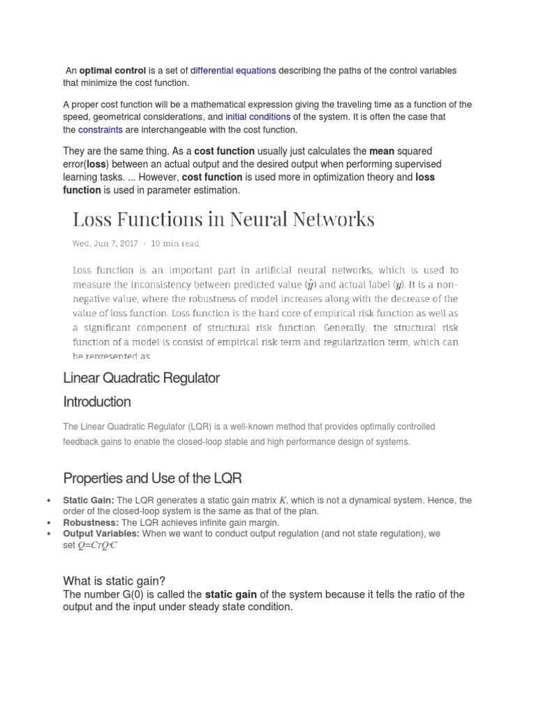 Linear Quadratic Regulator: Function Is Used in Parameter Estimation | PDF | Control Theory ...