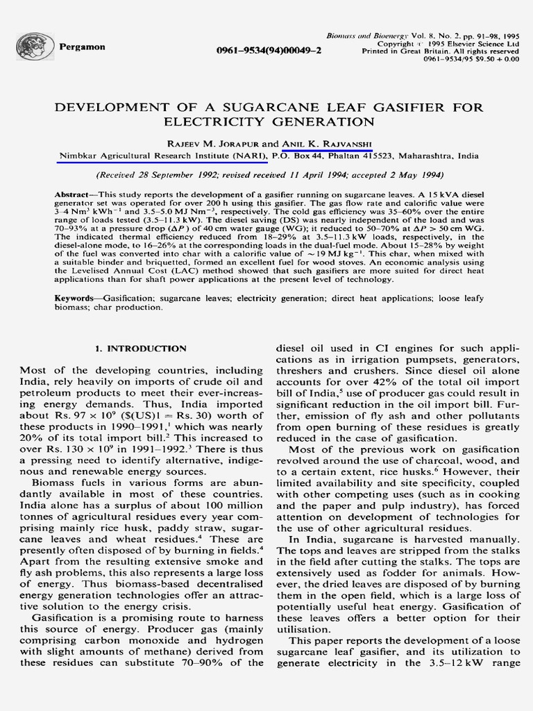 Development O F A Sugarcane Leaf Gasifier For Electricity Generation ...