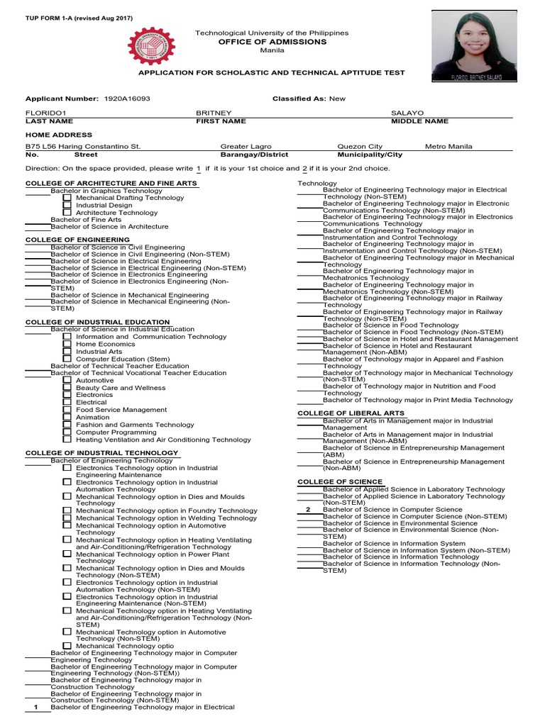 TUP Form 1-A Application Guide | PDF | Mechanical Engineering ...