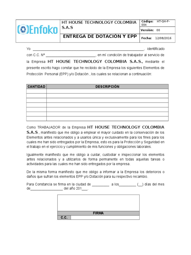 Entrega Dotacion y Epp | PDF