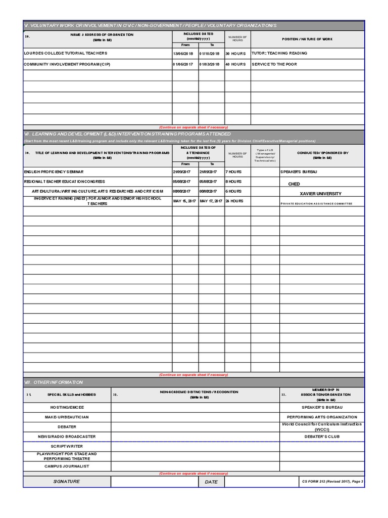 Vi. Voluntary Work or Involvement in Civic / Non-Government / People ...