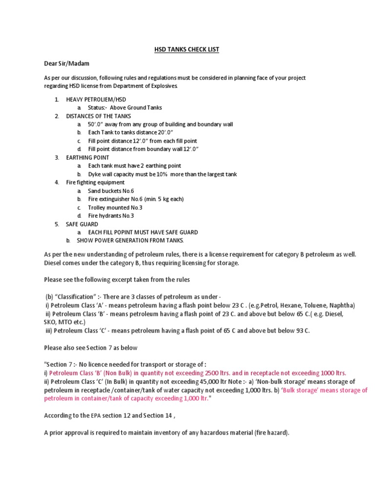 HSD Tanks Compliance Checklist | PDF | Technology & Engineering