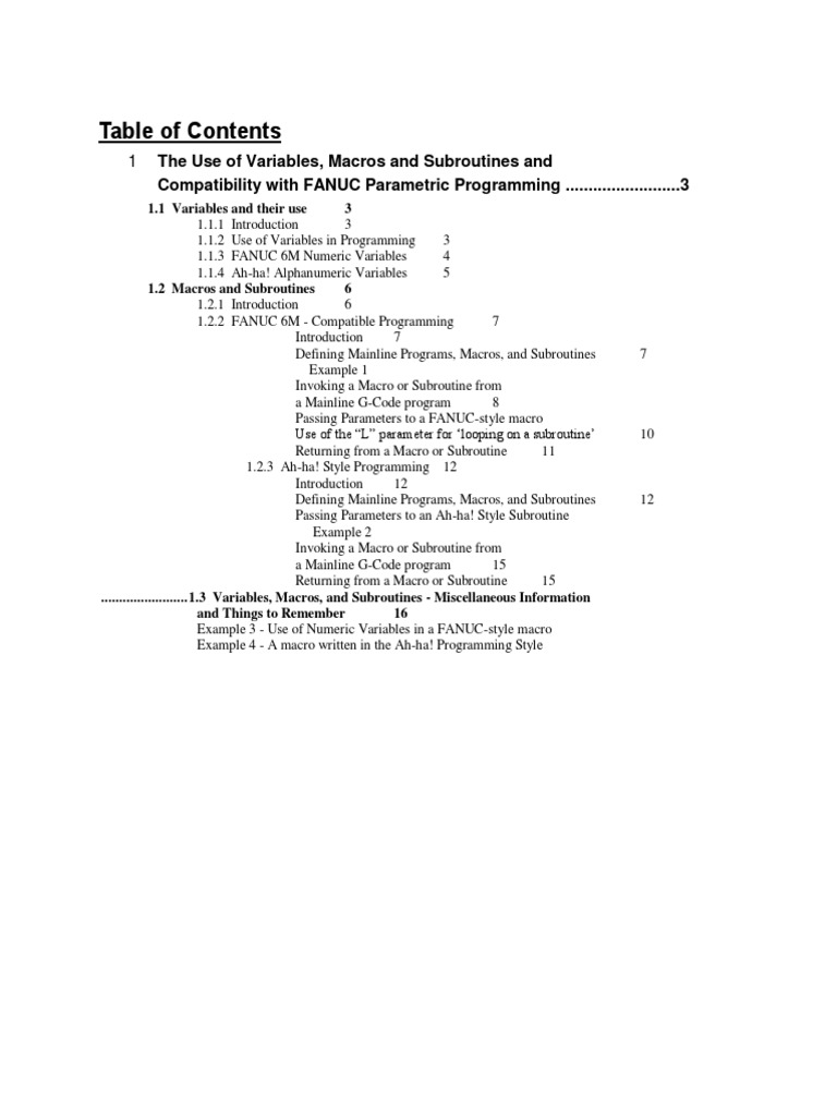 The Use of Variables, Macros and Subroutines and Compatibility With FANUC Parametric Programming