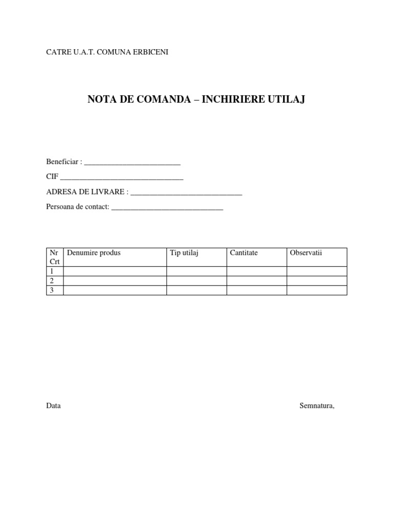 Nota de Comanda Inchiriere Utilaj | PDF