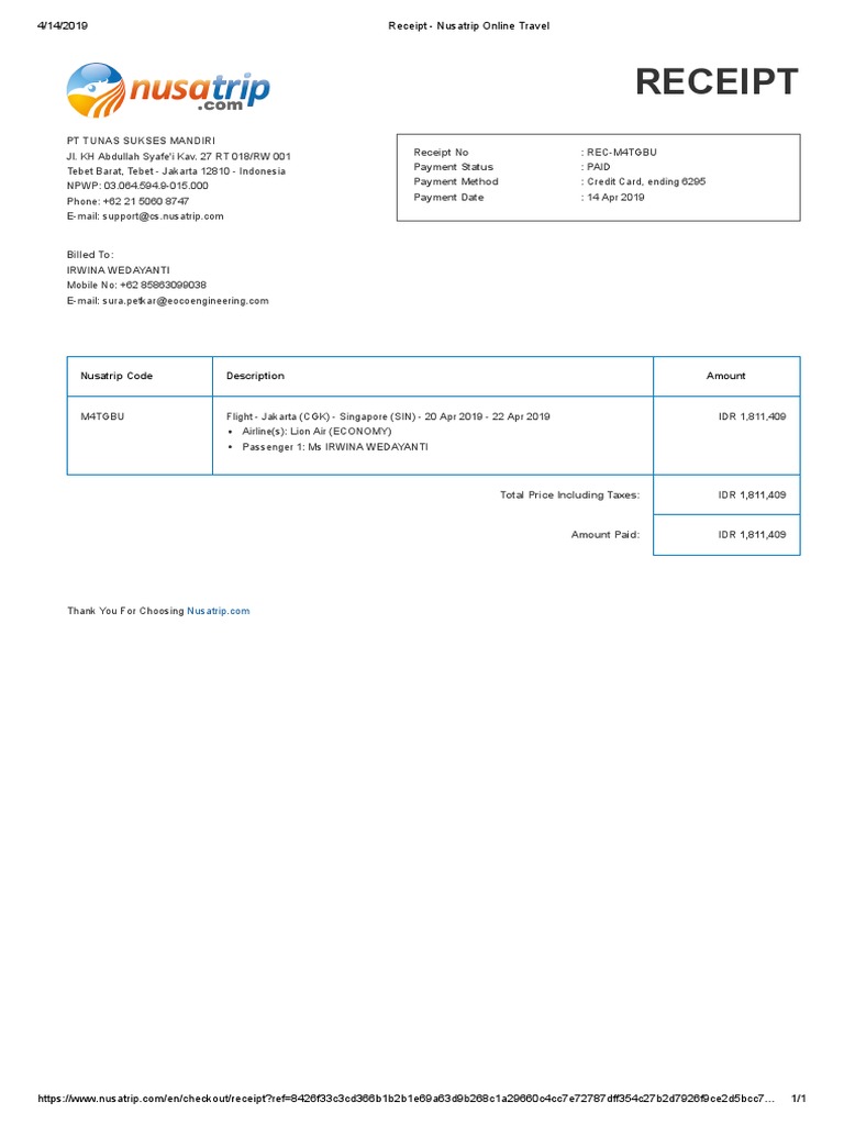 Receipt - Nusatrip Online Travel | PDF