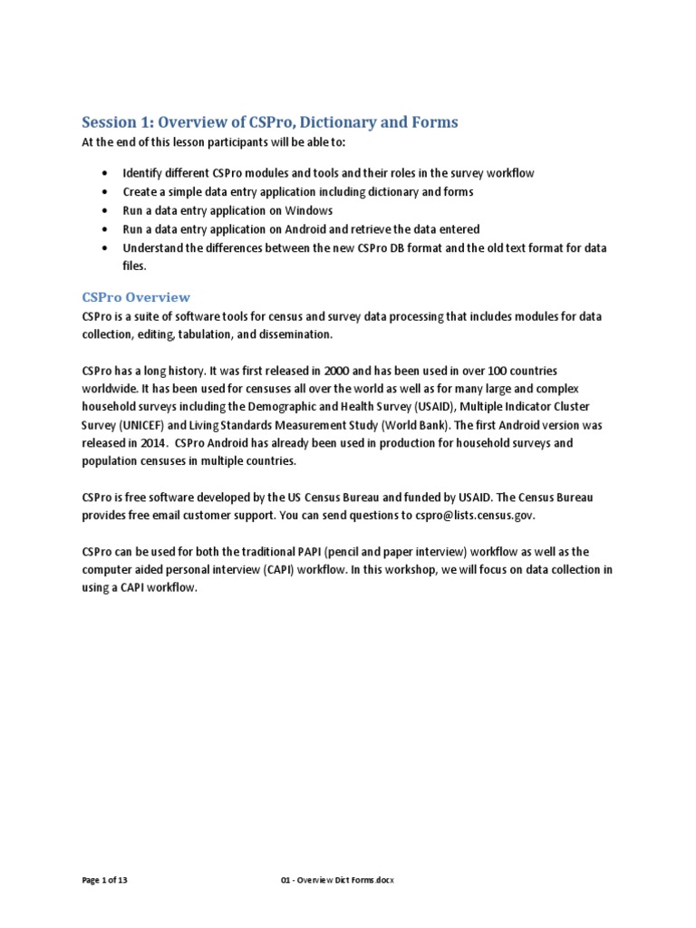 Session 1: Overview of Cspro, Dictionary and Forms | PDF | Tablet ...