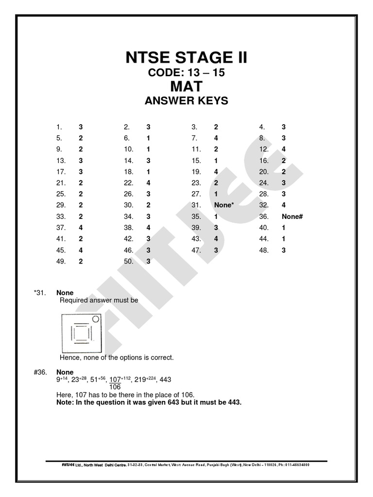 Ntse Stage Ii: CODE: 13 - 15 Answer Keys | PDF