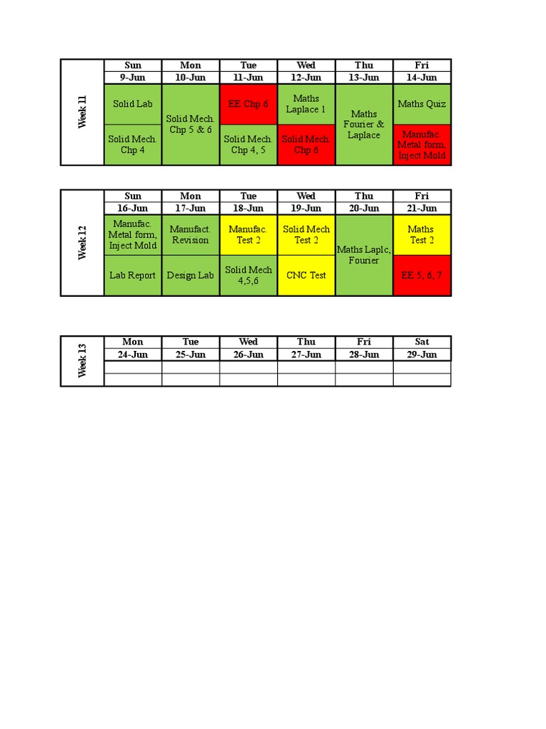 Academic Schedule for Mechanical Engineering Courses Covering Weeks 11 ...