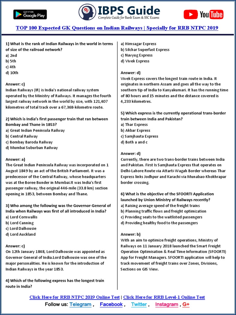 Top 100 RRB NTPC Railway GK Questions | PDF | Transportation ...
