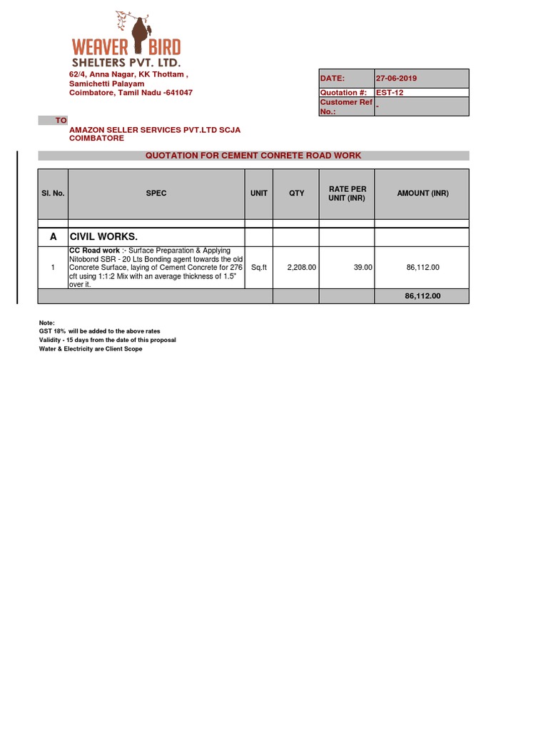 A Civil Works.: Quotation For Cement Conrete Road Work | PDF