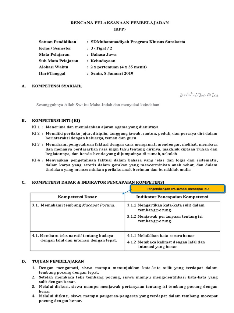RPP Bahasa Jawa Kelas 3 Sem 2 | PDF