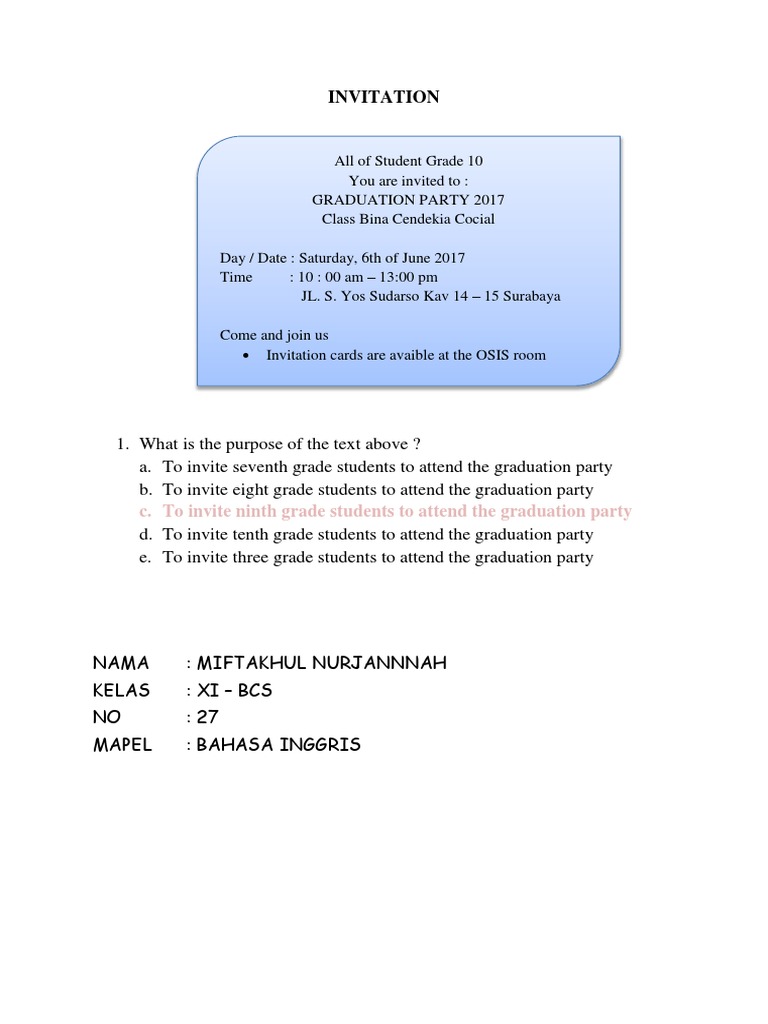 Invitation: C. To Invite Ninth Grade Students To Attend The Graduation ...
