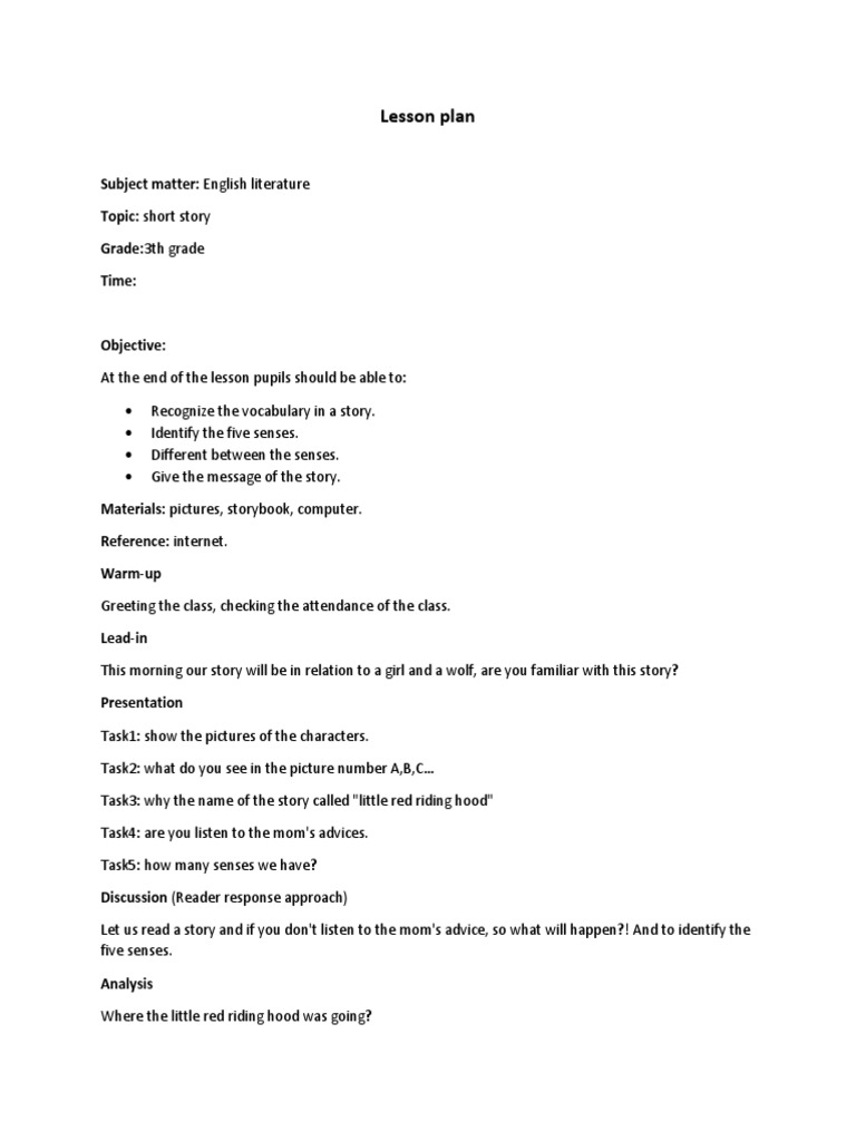 Lesson Plan: Subject Matter: English Literature Topic: Short Story ...