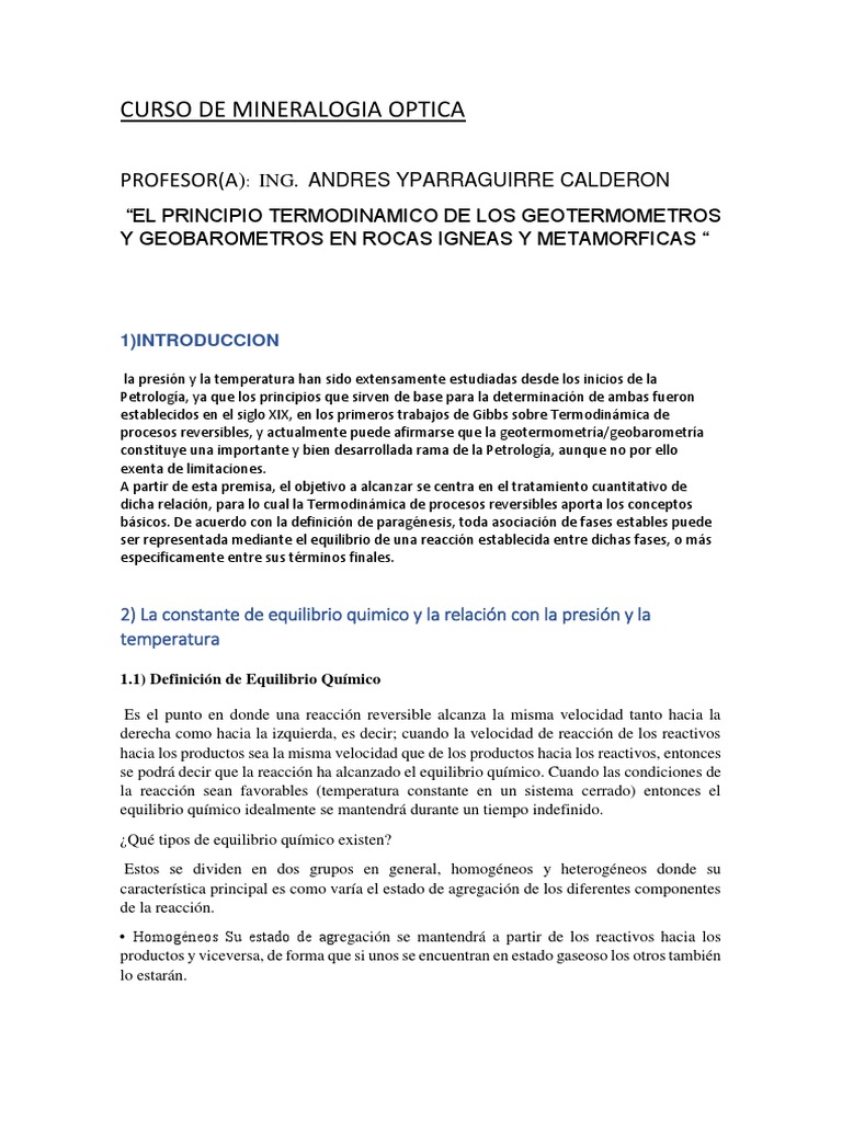 Geotermometro y Geobarometros | PDF | Equilibrio químico | Reacciones ...