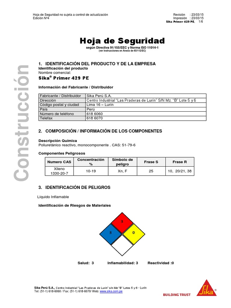 MSDS - Sika Primer 429 PE | PDF | Dióxido de carbono | Agua