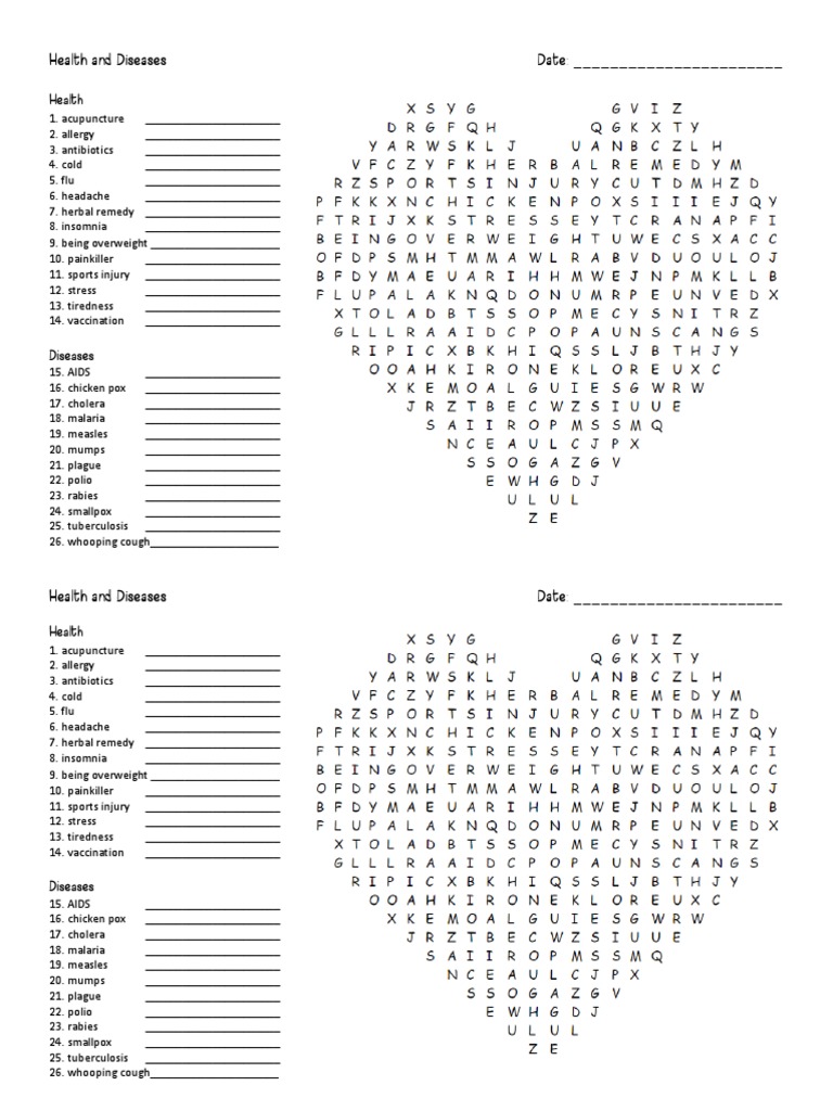 Health and Diseases - Wordsearch | PDF