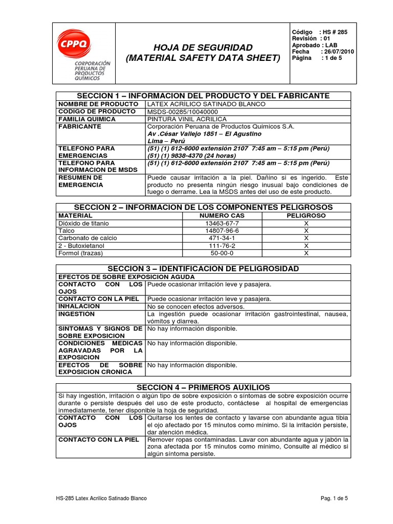 Msds Pintura Satinado CPP | PDF | Agua | Química