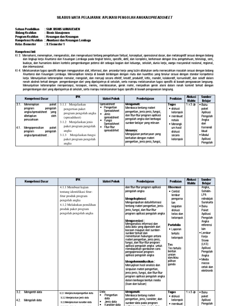 Silabus Aplikasi Pengolah Angka - Kelas X-Revisi | PDF