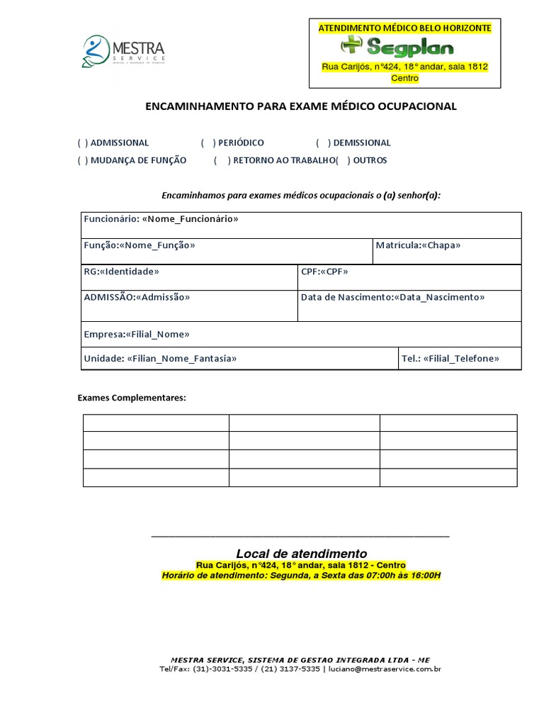 Encaminhamento para Exame Medico Ocupacional - Mestra Service - Segplan - Belo Horizonte | PDF