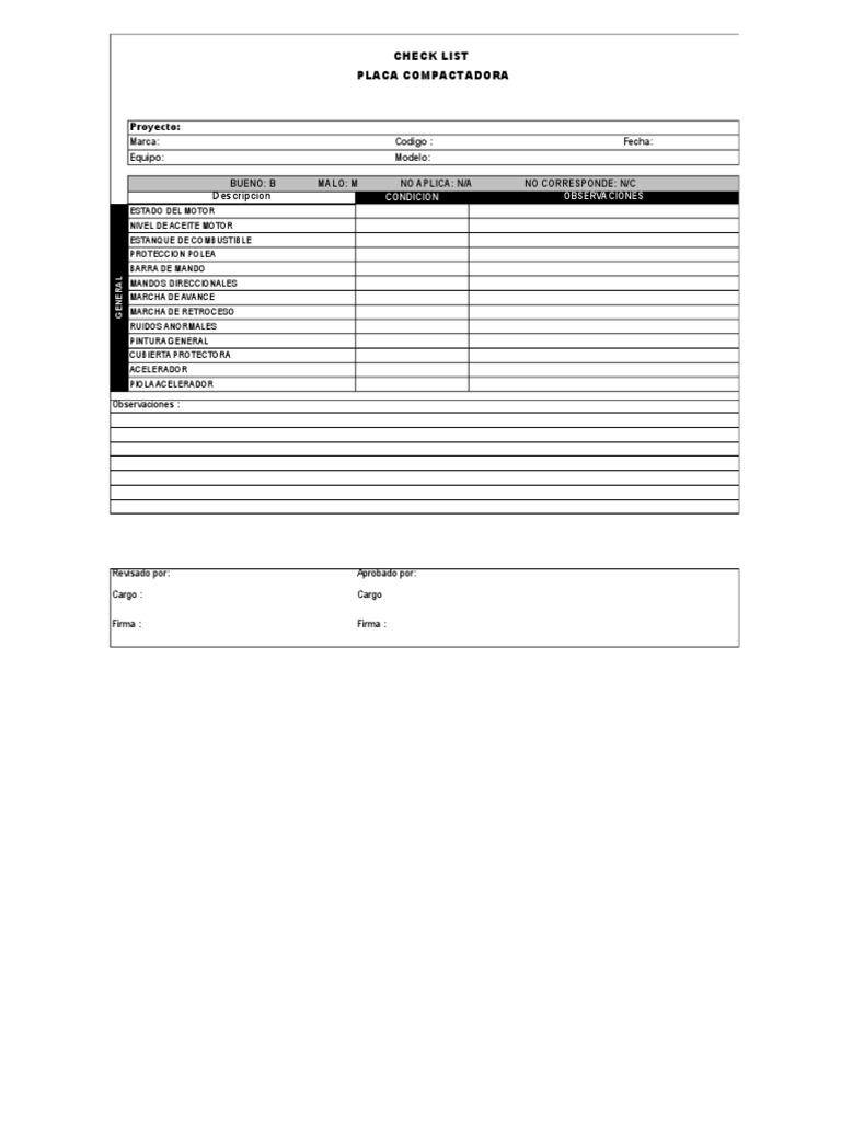 Check List Placa Compactadora
