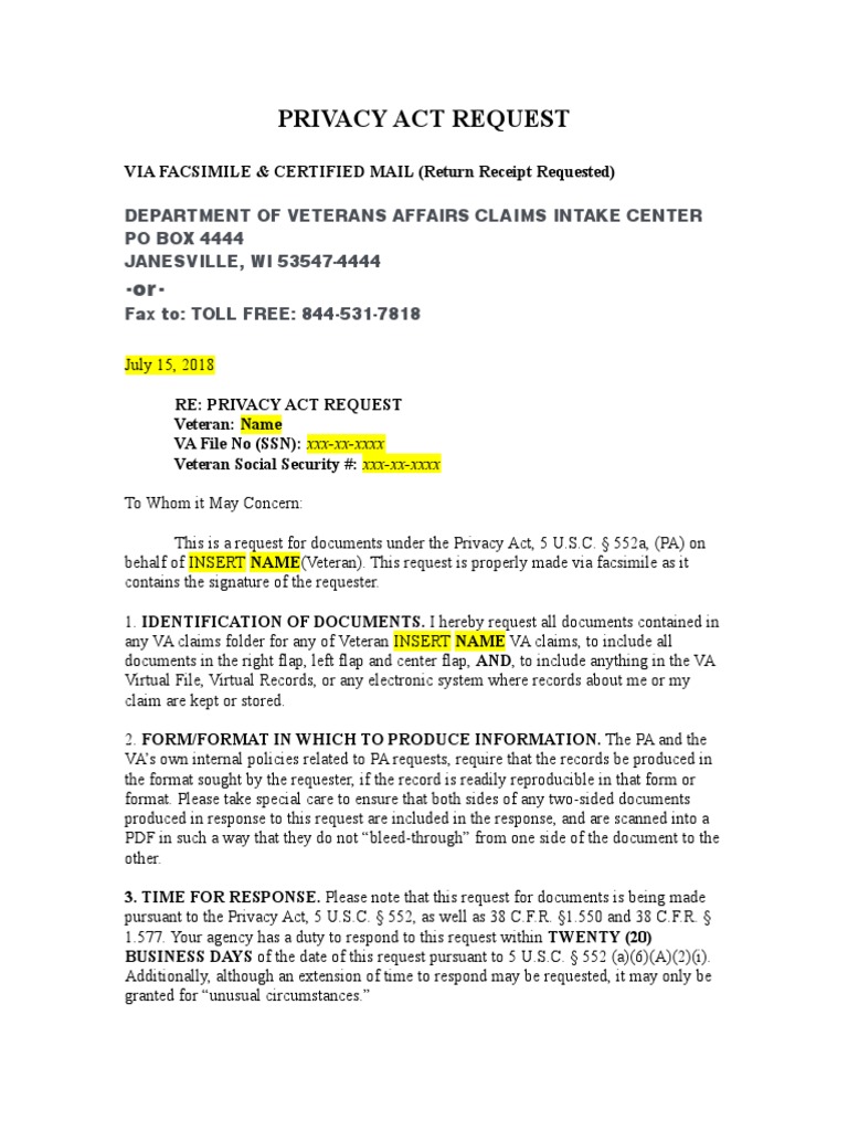Va C-File Blank Template | PDF | Fax | United States Code