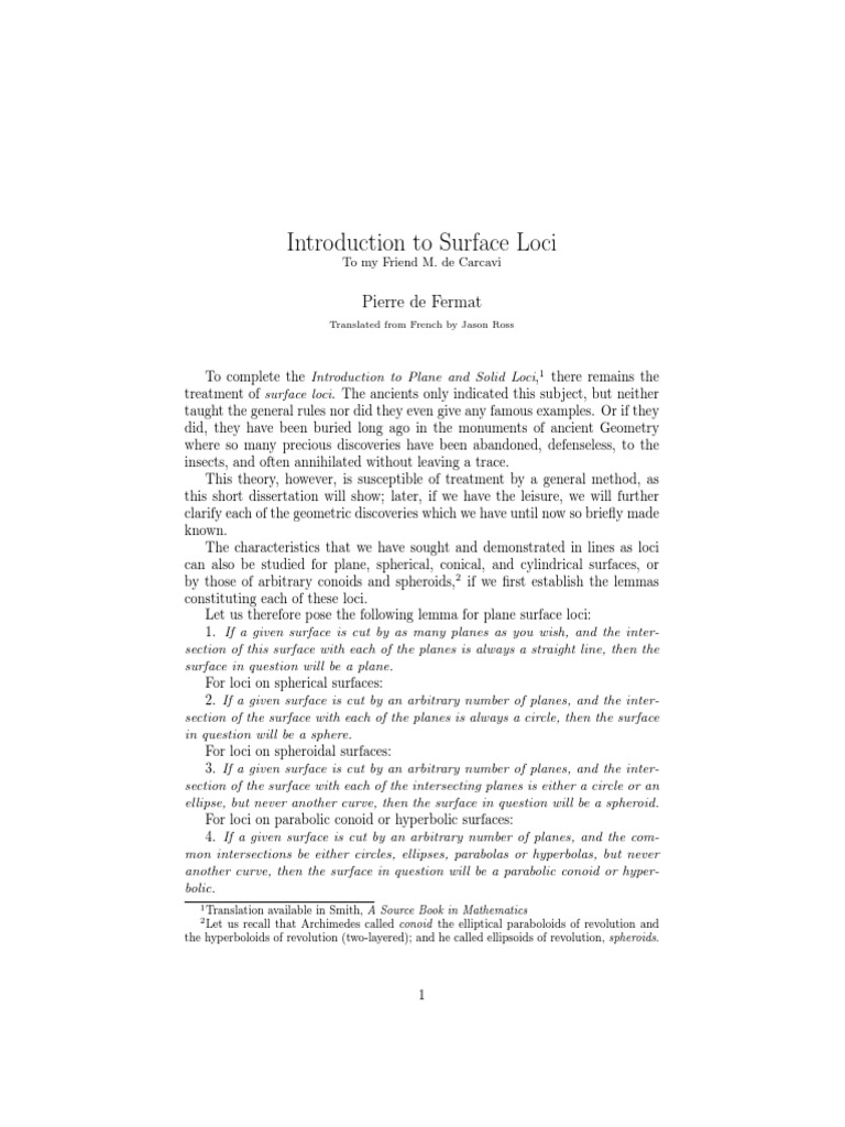 1679 Fermat - Introduction To Surface Loci (Posthumous) PDF | PDF ...