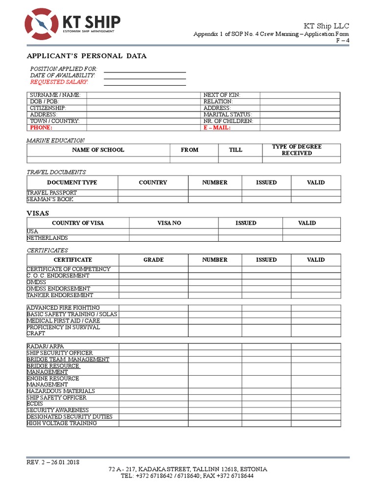 F 4 KT Ship Application Form | PDF | Oil Tanker | Travel Visa