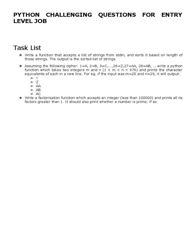 Task List: Python Challenging Questions For Entry Level Job | PDF