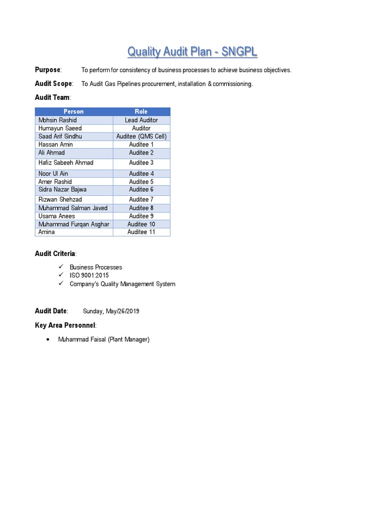 Quality Audit Plan - SNGPL: Purpose: Audit Scope: Audit Team | PDF ...