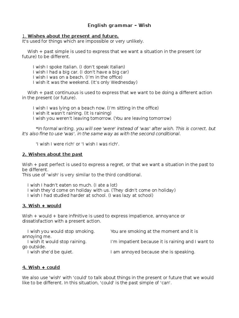 English Grammar - Wish: Wishes About The Present and Future | PDF ...